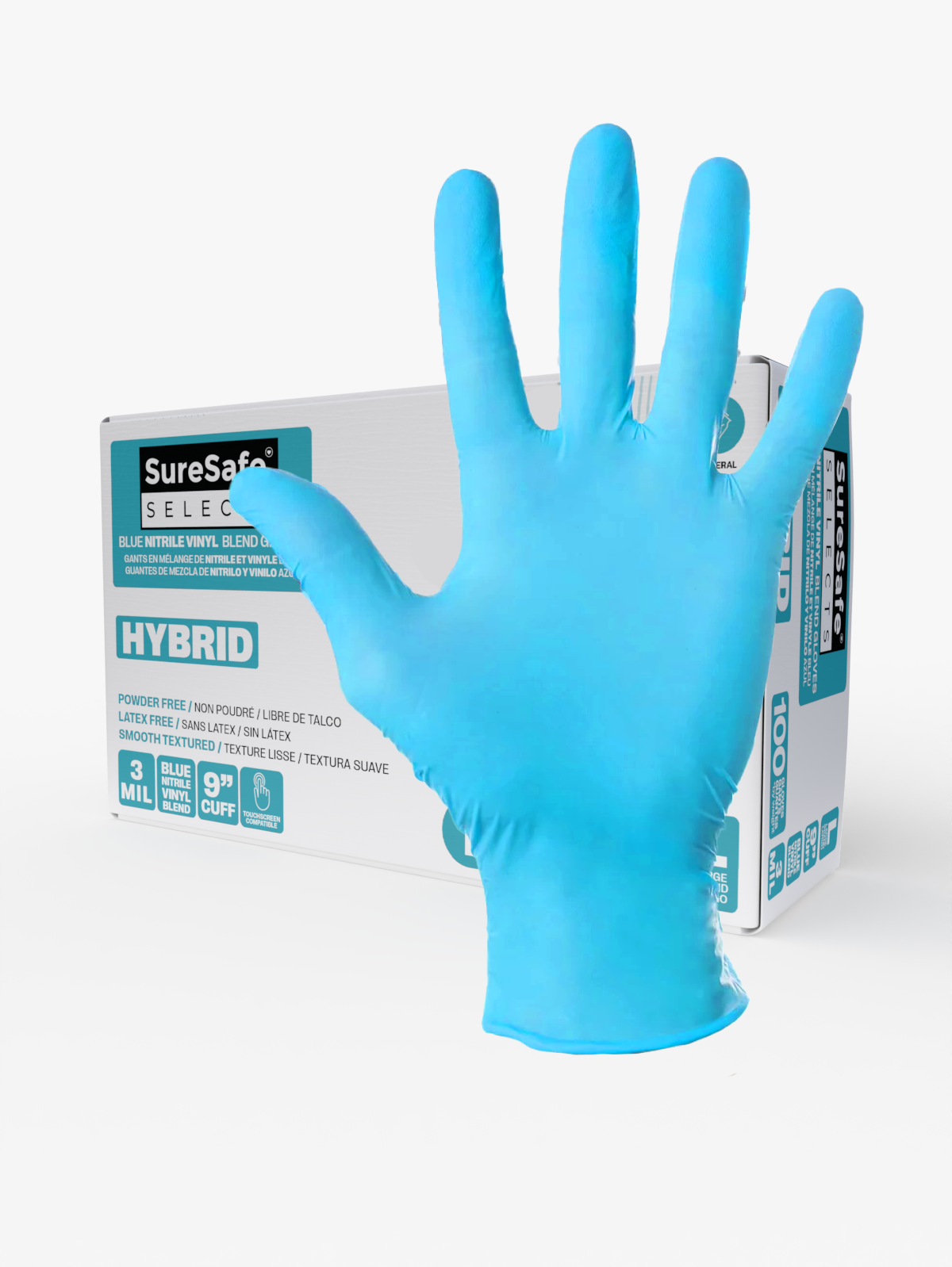 SureSafe 3MIL Vinyl/Nitrile Blend Stretch Disposable Gloves Blue Hybri ...