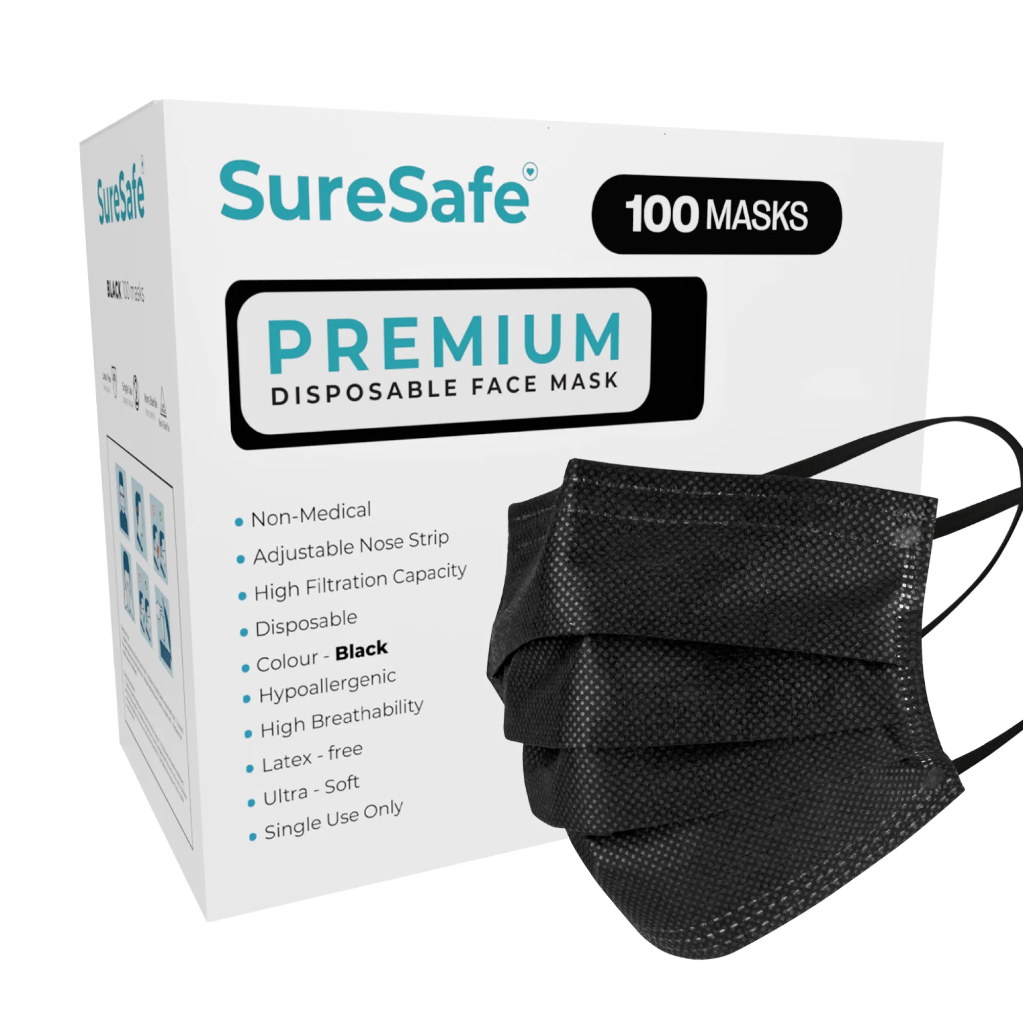 Black Disposable Face Masks - SureSafe Premium 3-Ply - 100ct – SureSafe ...